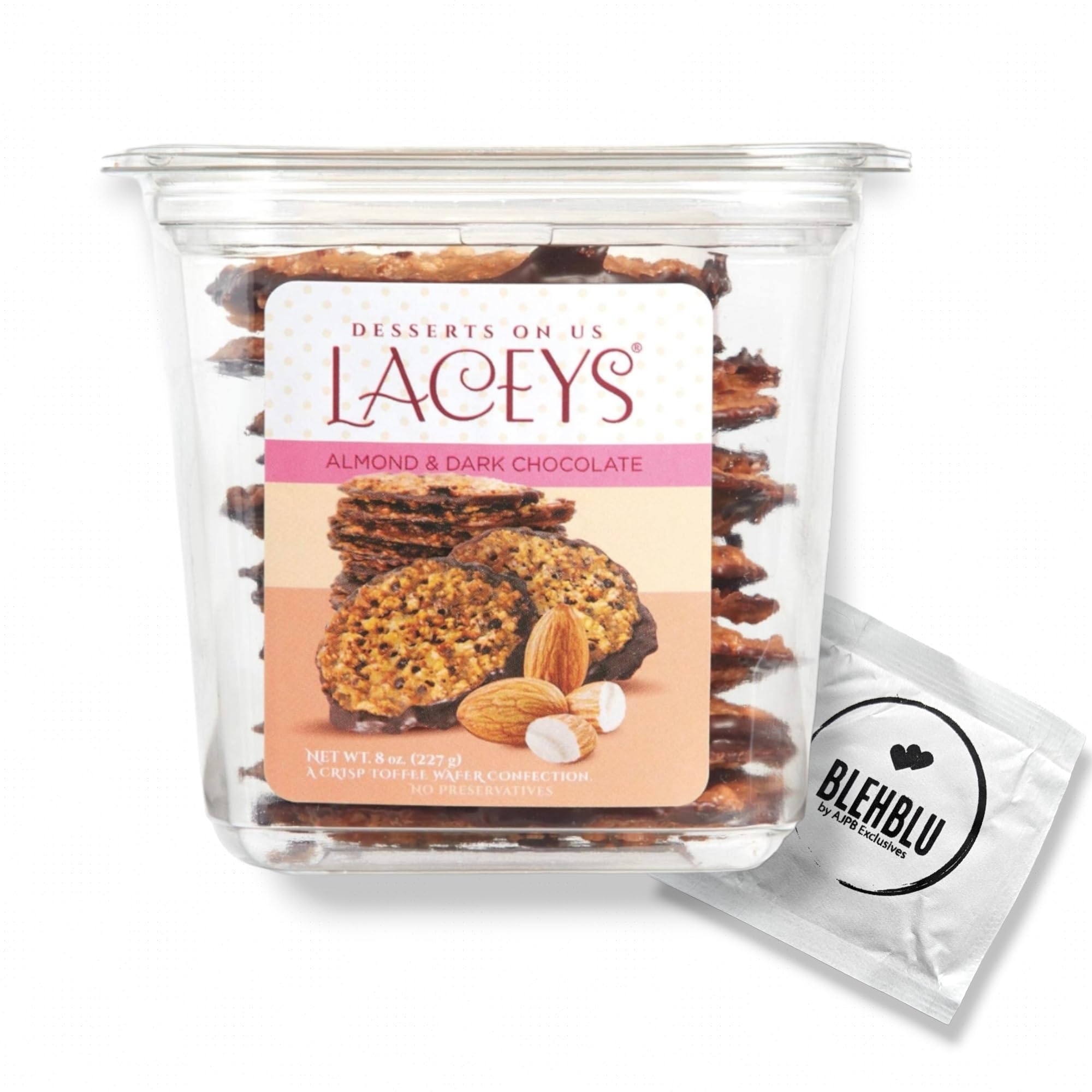 Laceys Almond & Dark Chocolate Crisp Toffee Wafer Cookies - 8oz Bundled with Blehblu Wipe Packet
