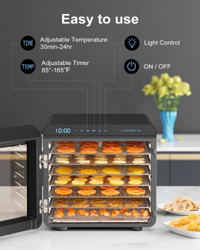 CROWNFUL Food Dehydrator Machine, 7 Stainless Steel Trays, Dryer for Jerky, Vegetable, Fruit, Meat, Dog Treats, Herbs, and Yogurt, Equipped Safety Over-Heat Protection, Digital Timer and Temperature Control, ETL Listed, 30+ Free Online Recipes, Black