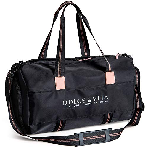 Gym Bag For Women Duffel Travel Girls Cute Duffle Bag Weekender MultiFunctional Shoe Compartment Overnight Workout Sport Dance Small CarryOn Luggage Weekend Waterproof Lightweight (Black)