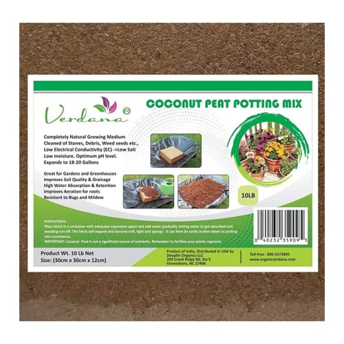 Verdana Coconut Fiber Potting Mix - 10 Lb Compressed Block Brick - Coco Coir, Coco Peat, Coir Pith - Alternative to Peat Moss – Soilless Growing Medium - Low EC, Optimum pH, High Expansion