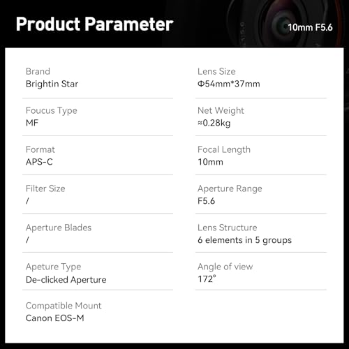 Brightin Star 10mm F5.6 Fisheye Wide Angle APS-C Manual Foucus Mirrorless Camera Lens, Fit for Canon EOS-M Mount M, M2, M3, M5, M6, M10, M100, M50, M200 (Silver)