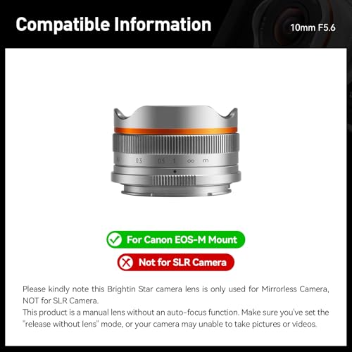 Brightin Star 10mm F5.6 Fisheye Wide Angle APS-C Manual Foucus Mirrorless Camera Lens, Fit for Canon EOS-M Mount M, M2, M3, M5, M6, M10, M100, M50, M200 (Silver)
