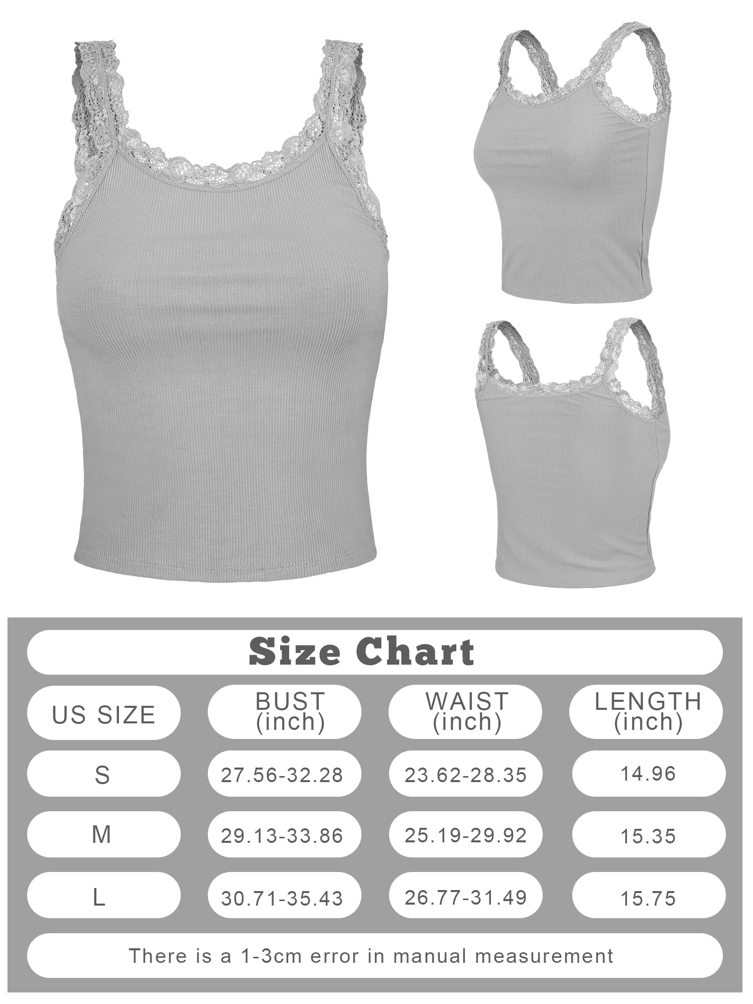 Sintege 3 Pcs Women's Lace Patchwork Tank Top Lace Camisole Tank Sleeveless Cami Crop Lacework Trim Y2k Tops(Large,Black, White, Gray)