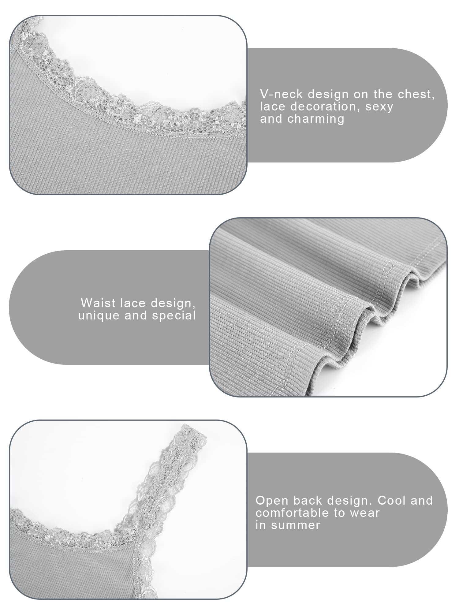 Sintege 3 Pcs Women's Lace Patchwork Tank Top Lace Camisole Tank Sleeveless Cami Crop Lacework Trim Y2k Tops(Large,Black, White, Gray)