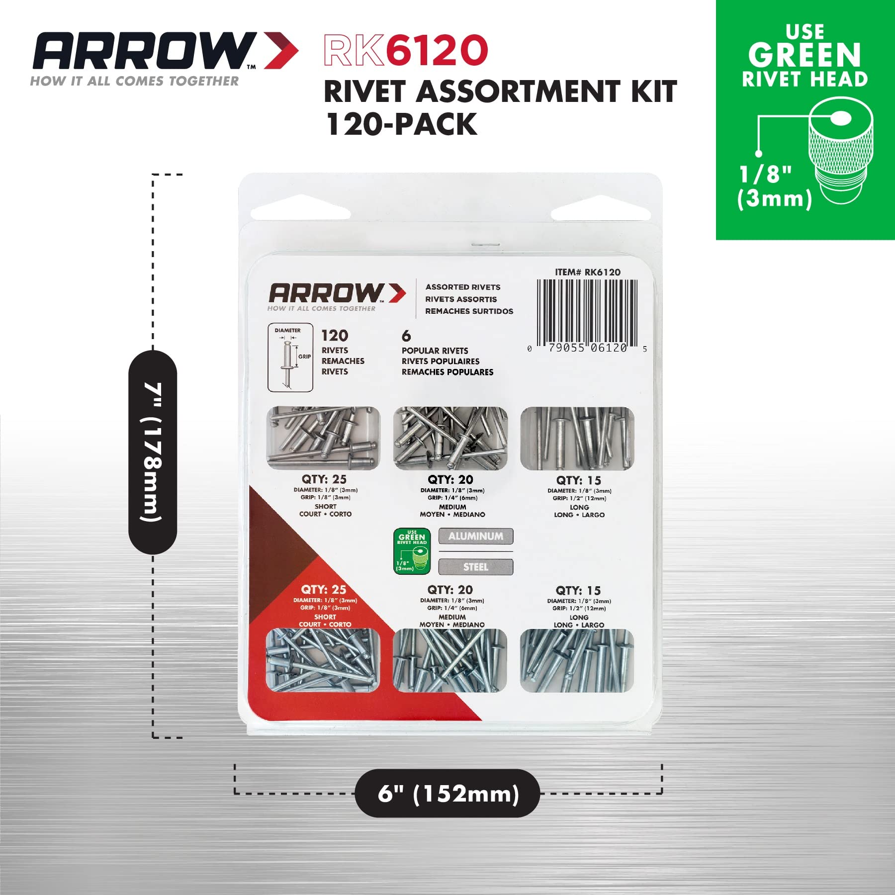 Arrow RK6120 Pop Rivet Assortment Kit for Metal, Fabric, Leather, and Auto Repair, Aluminum and Steel, 1/8-Inch, 120-Pack