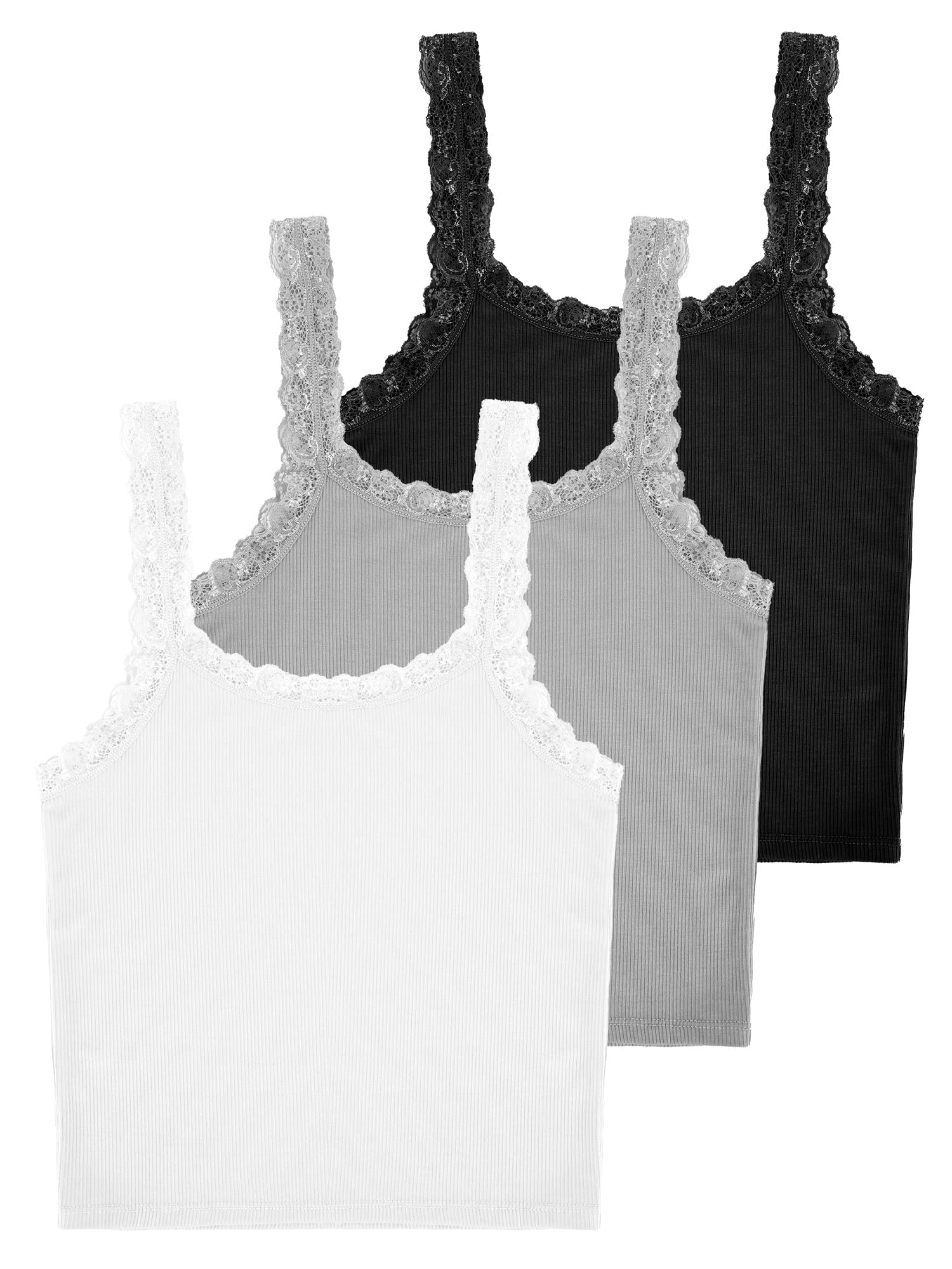 Sintege 3 Pcs Women's Lace Patchwork Tank Top Lace Camisole Tank Sleeveless Cami Crop Lacework Trim Y2k Tops(Large,Black, White, Gray)