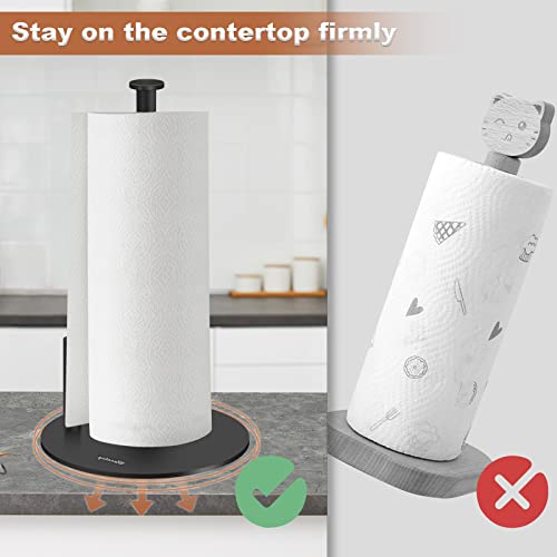 WACETOG Black Paper Towel Holder Countertop, Paper Towel Dispenser Standing Weighted Base Non Slip, Kitchen Towel Holder with Ratchet System for One Hand Tear