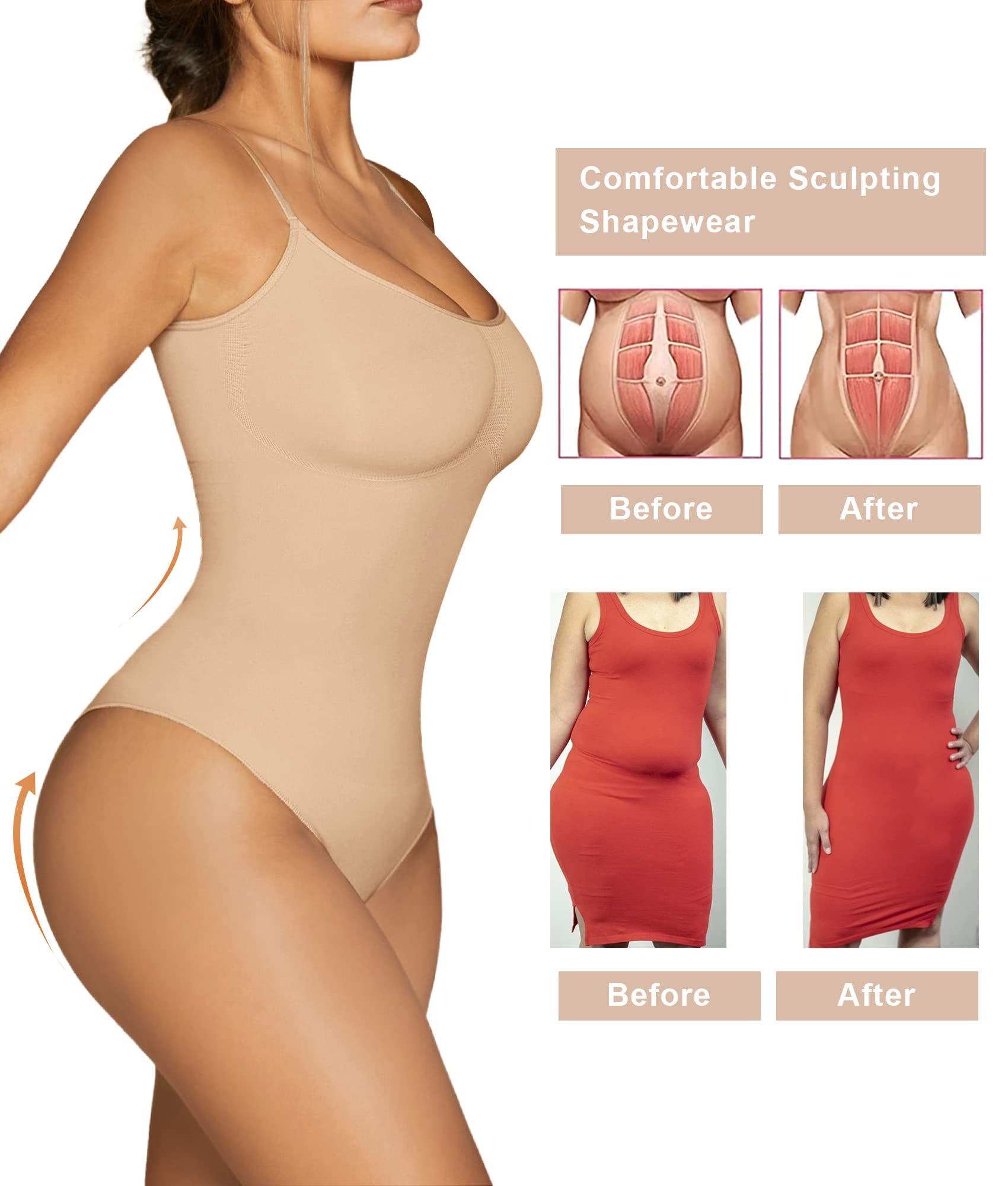 SHAPERX Women's Shapewear Bodysuit Tummy Control Body Shaper Seamless Sculpting Snatched Waist Body Suit,SZ5215-Beige-L/XL