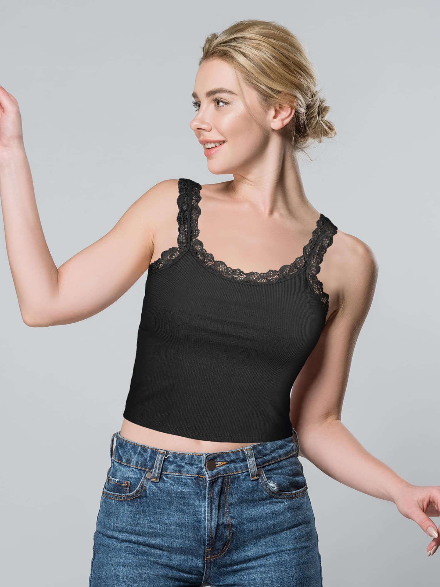 Sintege 3 Pcs Women's Lace Patchwork Tank Top Lace Camisole Tank Sleeveless Cami Crop Lacework Trim Y2k Tops(Large,Black, White, Gray)