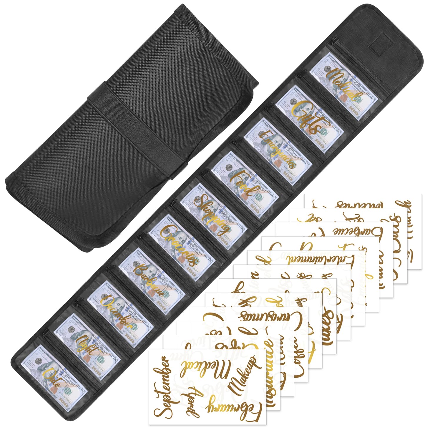 Money Wallet, Money Organizer for Cash with 10 Zippered Pocket, Large Capacity Money Pouch, Money Bag, Unisex Budget Wallet,Cash Bag with 60 Sticker Labels, Money Holder for Budgeting,Receipt and Tips