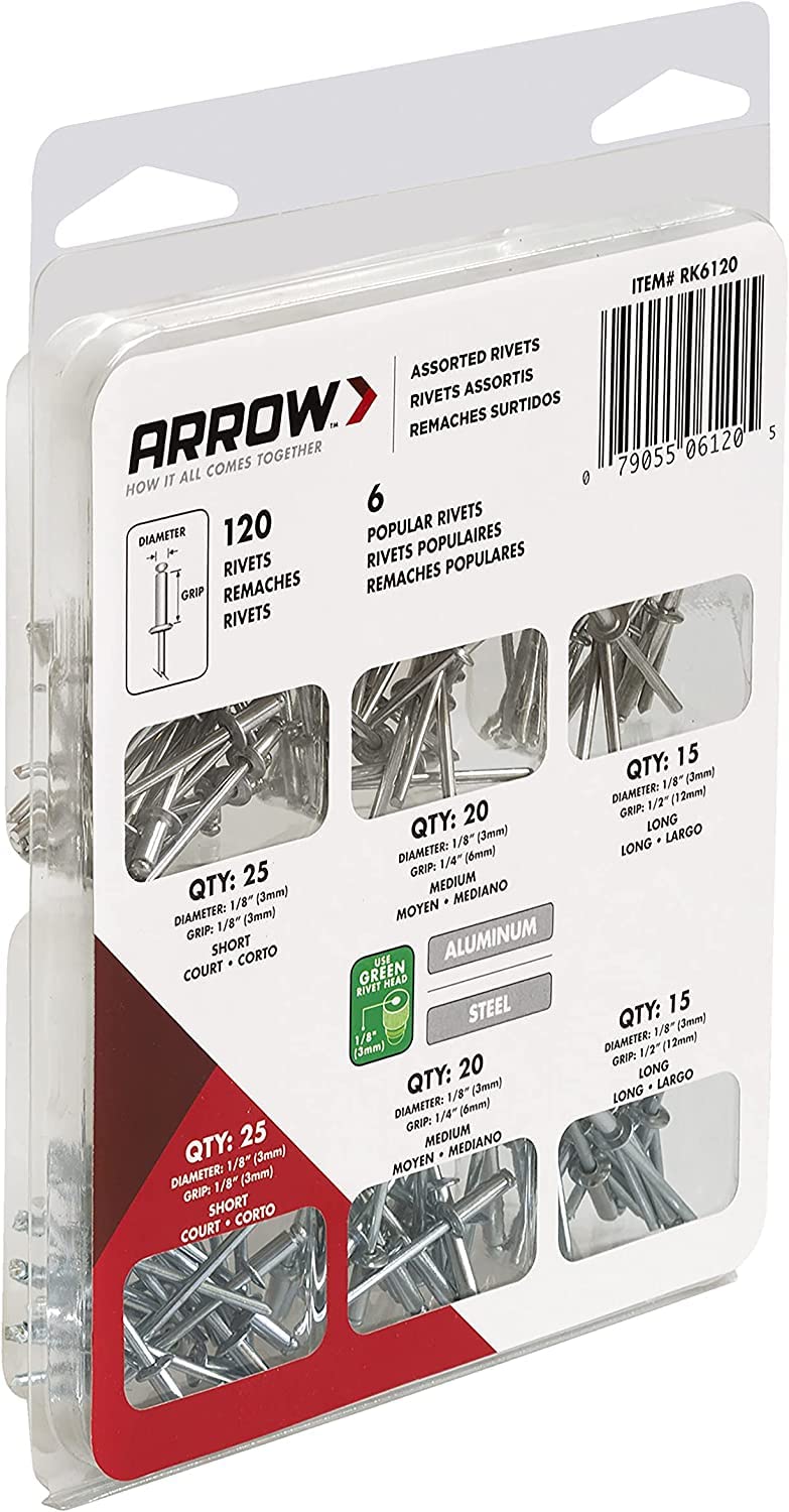 Arrow RK6120 Pop Rivet Assortment Kit for Metal, Fabric, Leather, and Auto Repair, Aluminum and Steel, 1/8-Inch, 120-Pack