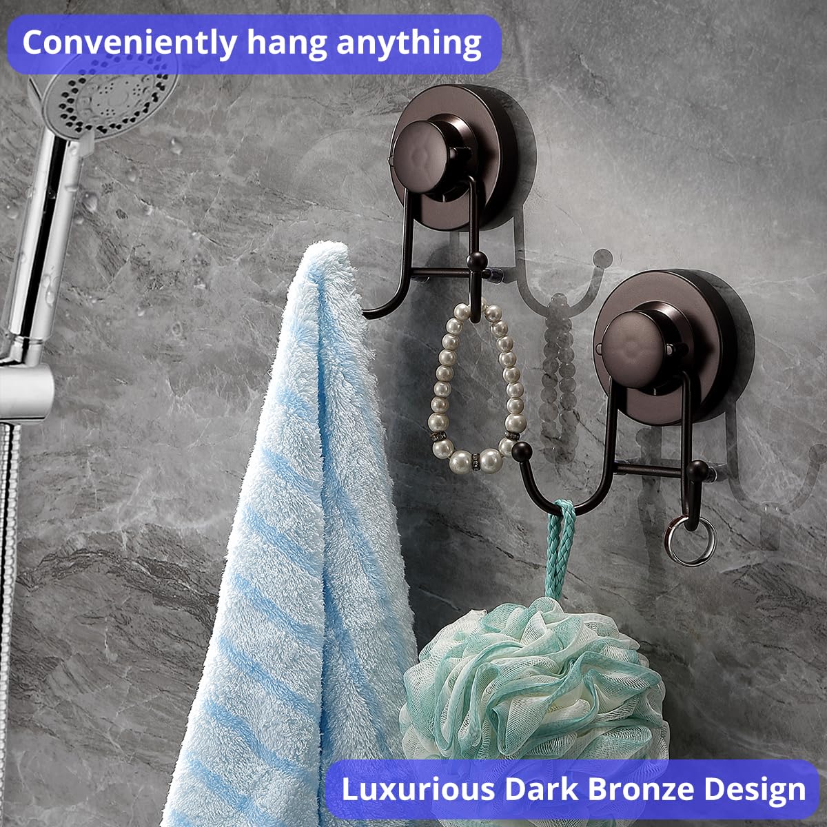 HOME SO Suction Cup Hooks for Shower, Bathroom, Kitchen, Glass Door, Mirror, Tile β Loofah, Towel, Coat, Bath Robe Hook Holder for Hanging up to 15 lbs β Rustproof Bronze Stainless Steel (2-Pack)