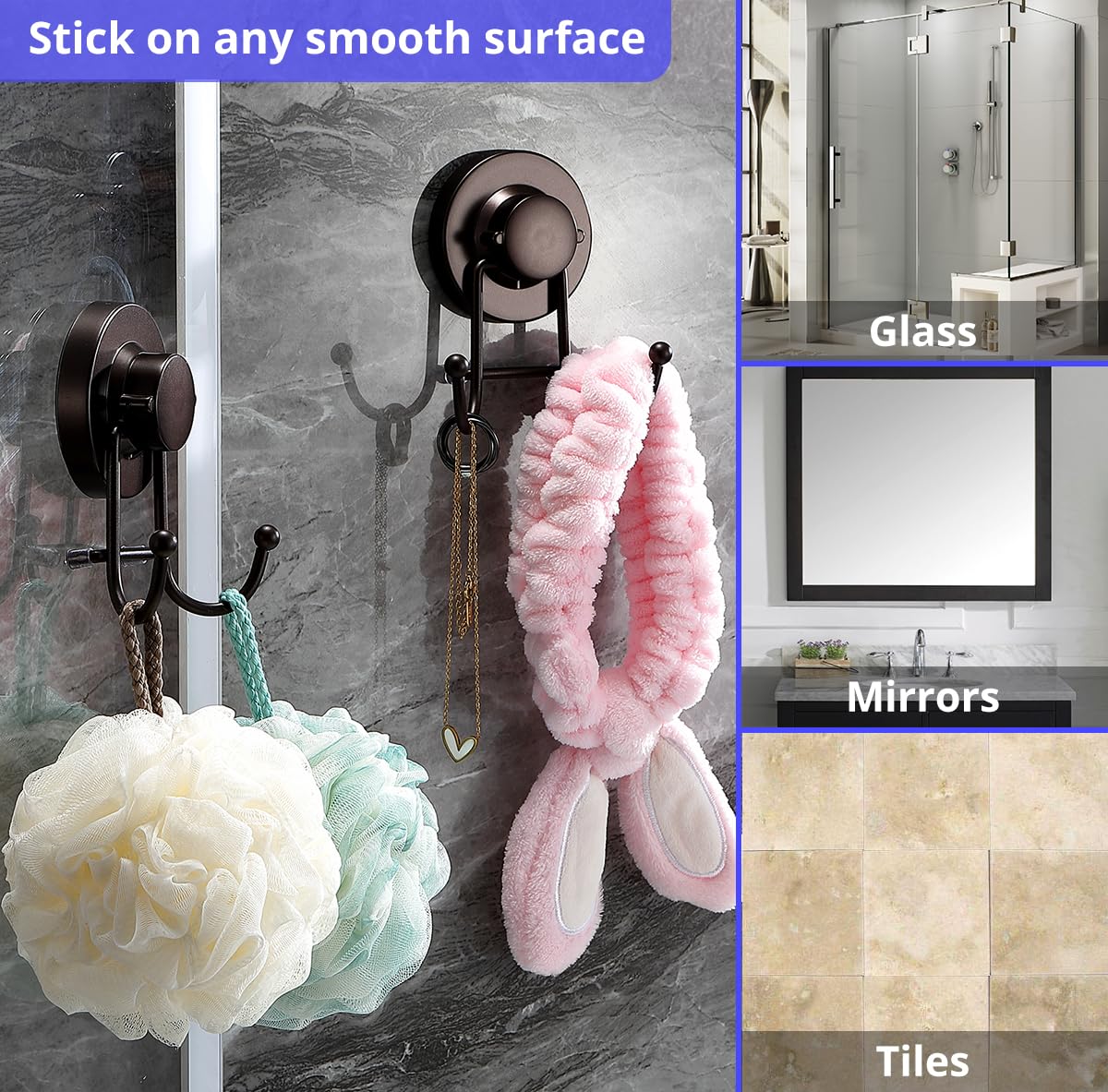 HOME SO Suction Cup Hooks for Shower, Bathroom, Kitchen, Glass Door, Mirror, Tile β Loofah, Towel, Coat, Bath Robe Hook Holder for Hanging up to 15 lbs β Rustproof Bronze Stainless Steel (2-Pack)
