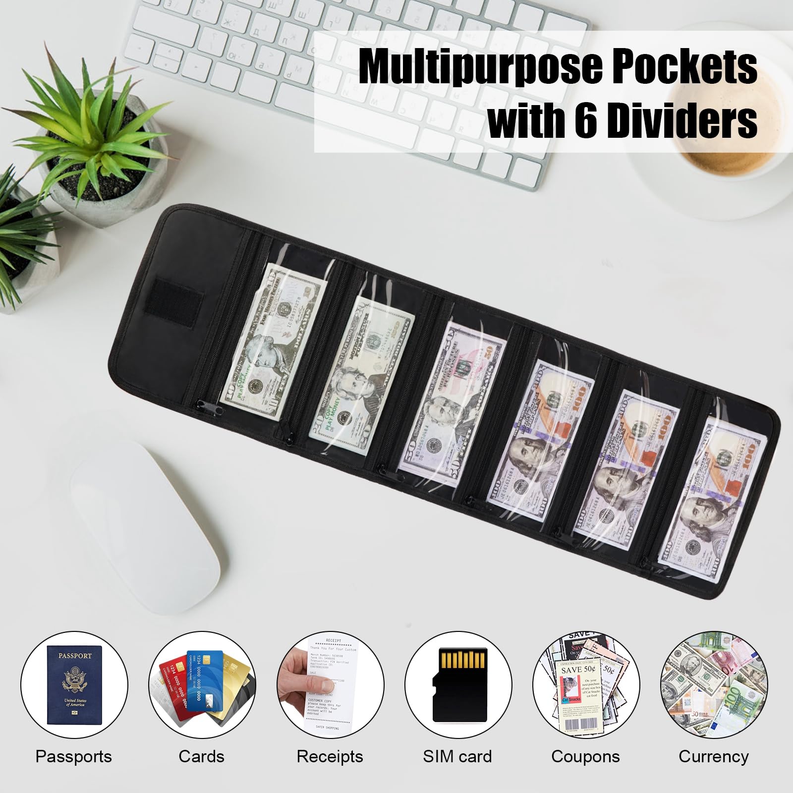 Yamahiko Money Wallet Multipack Cash Organizer - 6 Zippered Money Pouch Envelope Wallet for Travel Budgeting, Receipts