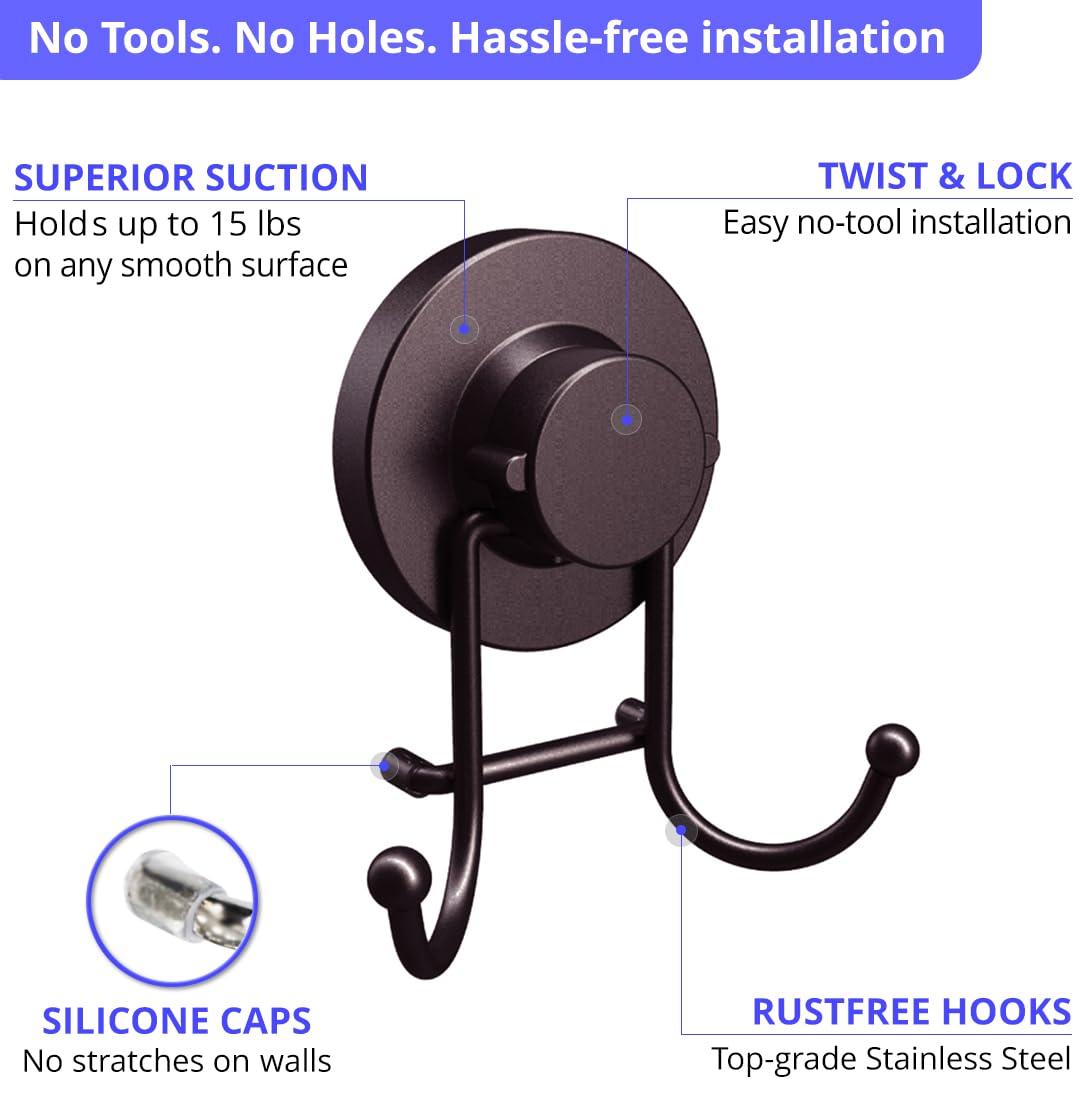 HOME SO Suction Cup Hooks for Shower, Bathroom, Kitchen, Glass Door, Mirror, Tile β Loofah, Towel, Coat, Bath Robe Hook Holder for Hanging up to 15 lbs β Rustproof Bronze Stainless Steel (2-Pack)