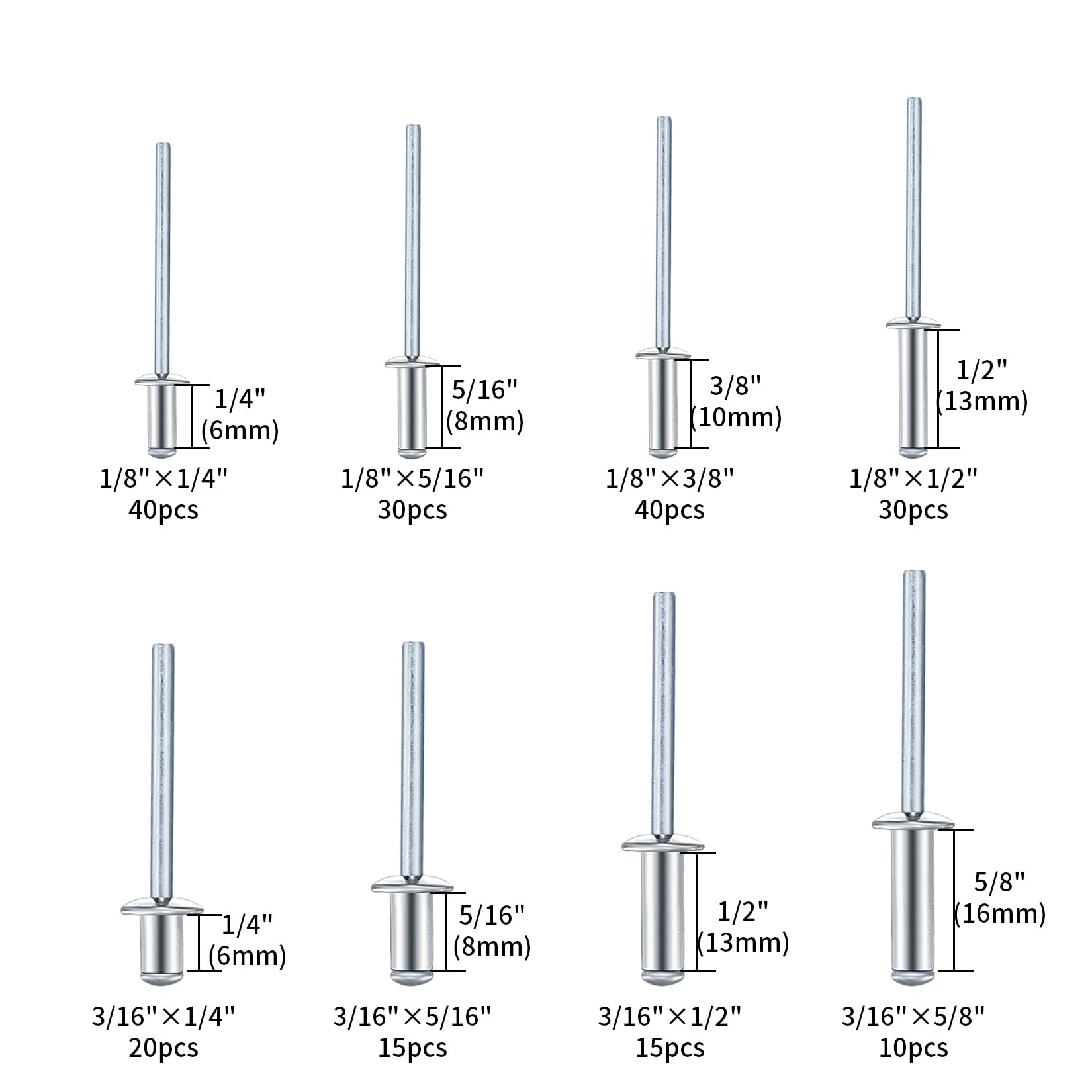 200 Pcs Pop Rivets Assortment Kit, Assorted Aluminum Blind Rivets, Metal Flange Blind Rivets for Metal, 1/8"x1/4", 1/8"x5/16", 1/8"x3/8", 1/8"x1/2", 3/16"x1/4", 3/16"x5/16", 3/16"x1/2", 3/16"x5/8"
