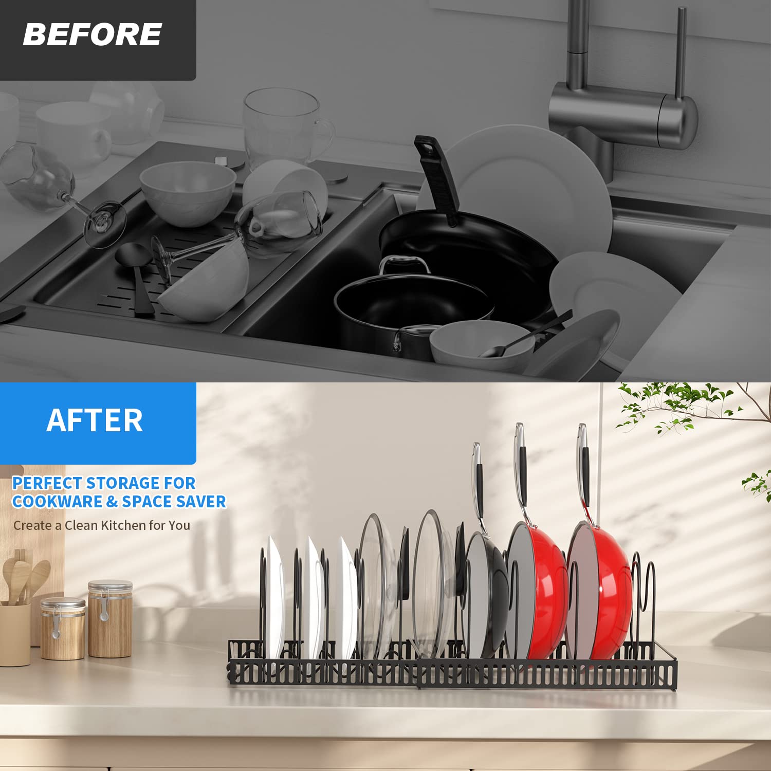 Pot Rack Organizer for Under Cabinet-Expandable Pots and Pans Organizer with 10 Dividers & 2 DIY Methods,Pots Lid Organizer Holder for Kitchen Cookware,Cookie Sheet Organizer Rack for Cabinet