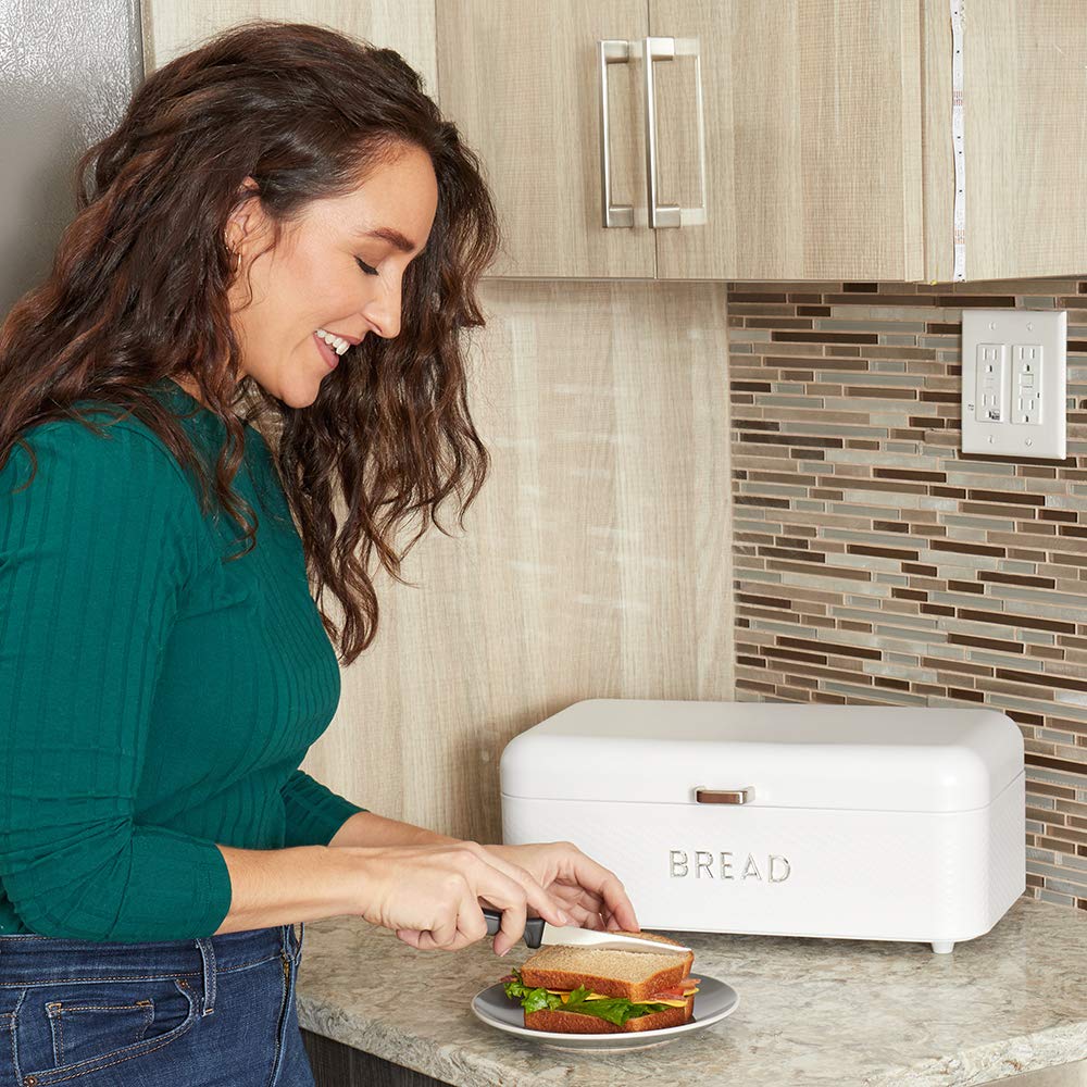 Home Basics Bread Box For Kitchen Countertop, Metal, (White), Vented With Hinge Top and Non-Skid Feet | Large Bread Box | Keeps Loaves, Bagels, Croissants Fresh
