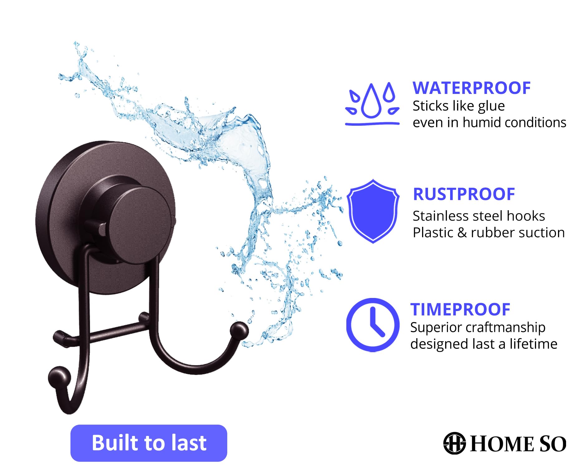 HOME SO Suction Cup Hooks for Shower, Bathroom, Kitchen, Glass Door, Mirror, Tile β Loofah, Towel, Coat, Bath Robe Hook Holder for Hanging up to 15 lbs β Rustproof Bronze Stainless Steel (2-Pack)