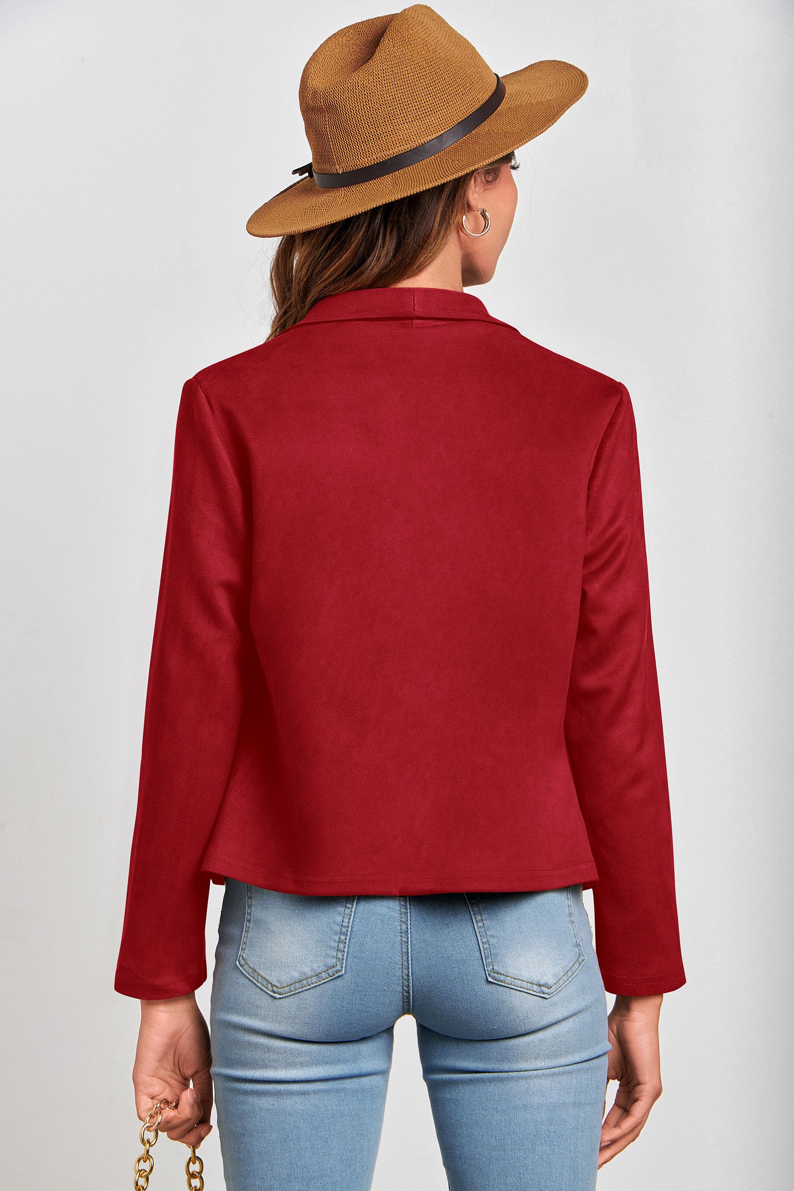 PRETTYGARDEN Women's Faux Suede Jackets 2025 Spring Fall Clothes Long Sleeve Open Front Cropped Coat Outwear (Red,Large)