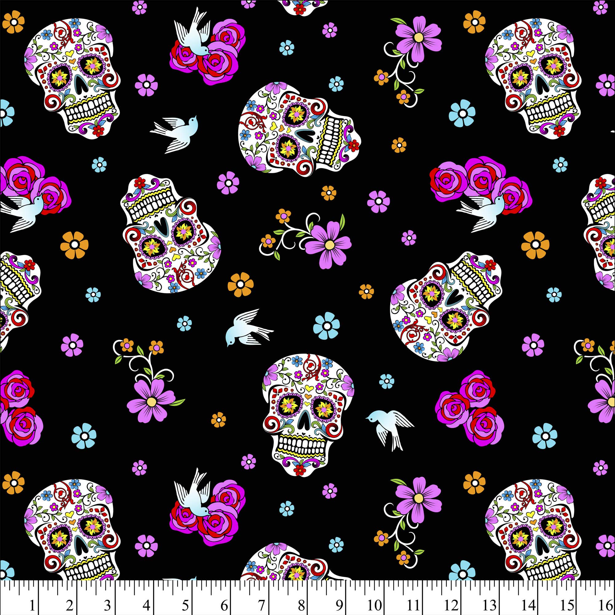Day of The Dead Skulls Cotton Fabric by The Yard, with Glitter