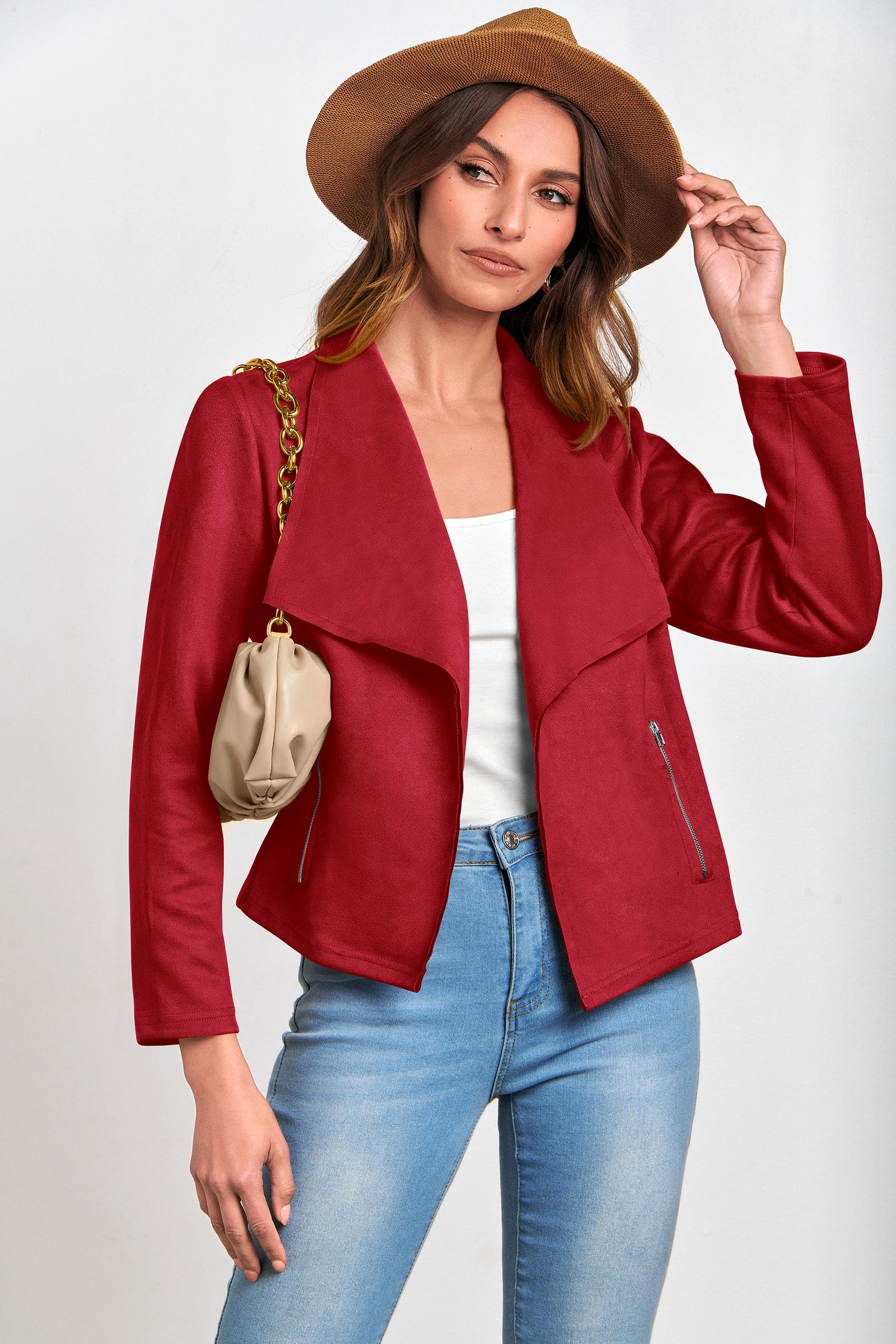 PRETTYGARDEN Women's Faux Suede Jackets 2025 Spring Fall Clothes Long Sleeve Open Front Cropped Coat Outwear (Red,Large)