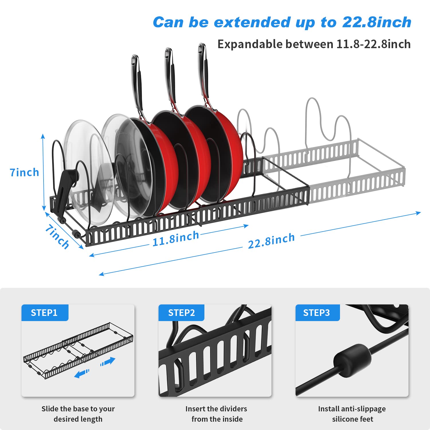 Pot Rack Organizer for Under Cabinet-Expandable Pots and Pans Organizer with 10 Dividers & 2 DIY Methods,Pots Lid Organizer Holder for Kitchen Cookware,Cookie Sheet Organizer Rack for Cabinet