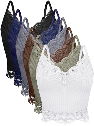 Newcotte 6 Pcs Lace Patchwork Tank Top Y2k Fairy Grunge Lace Ribbed Knitted Crop Top for Girls Women(X-Large,Classic Color)