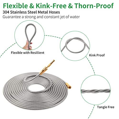 Yereen Metal Garden Hose 25FT, 304 Stainless Steel Garden Hose with 3/4" Solid Brass Fittings and 2 Function Nozzle, Kink Free Flexible Outdoor Water Hose