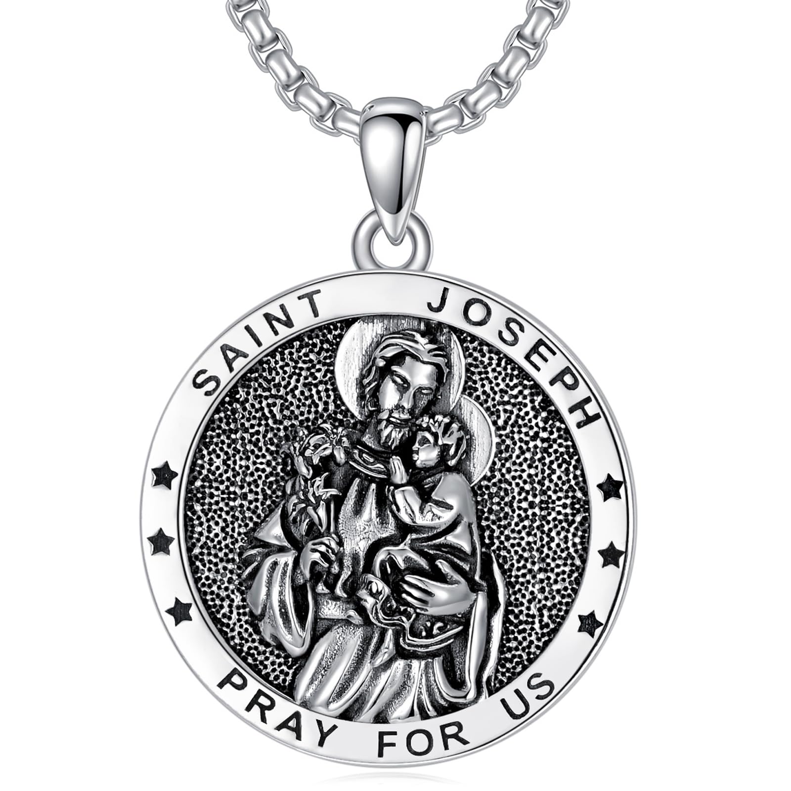 Seiyang St Joseph Necklace for Men 925 Sterling Silver Saint Joseph Medal Pendant Patron Amulet Joseph Medallion Jewelry Protection Gift for Women Father Son