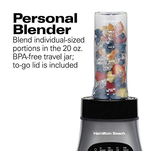 Hamilton Beach Blender and Food Processor Combo, Portable Blend-In Travel Cup, Shakes and Smoothies, 40oz Jar & 3-Cup Vegetable Chopper, Grey & Black (58163)