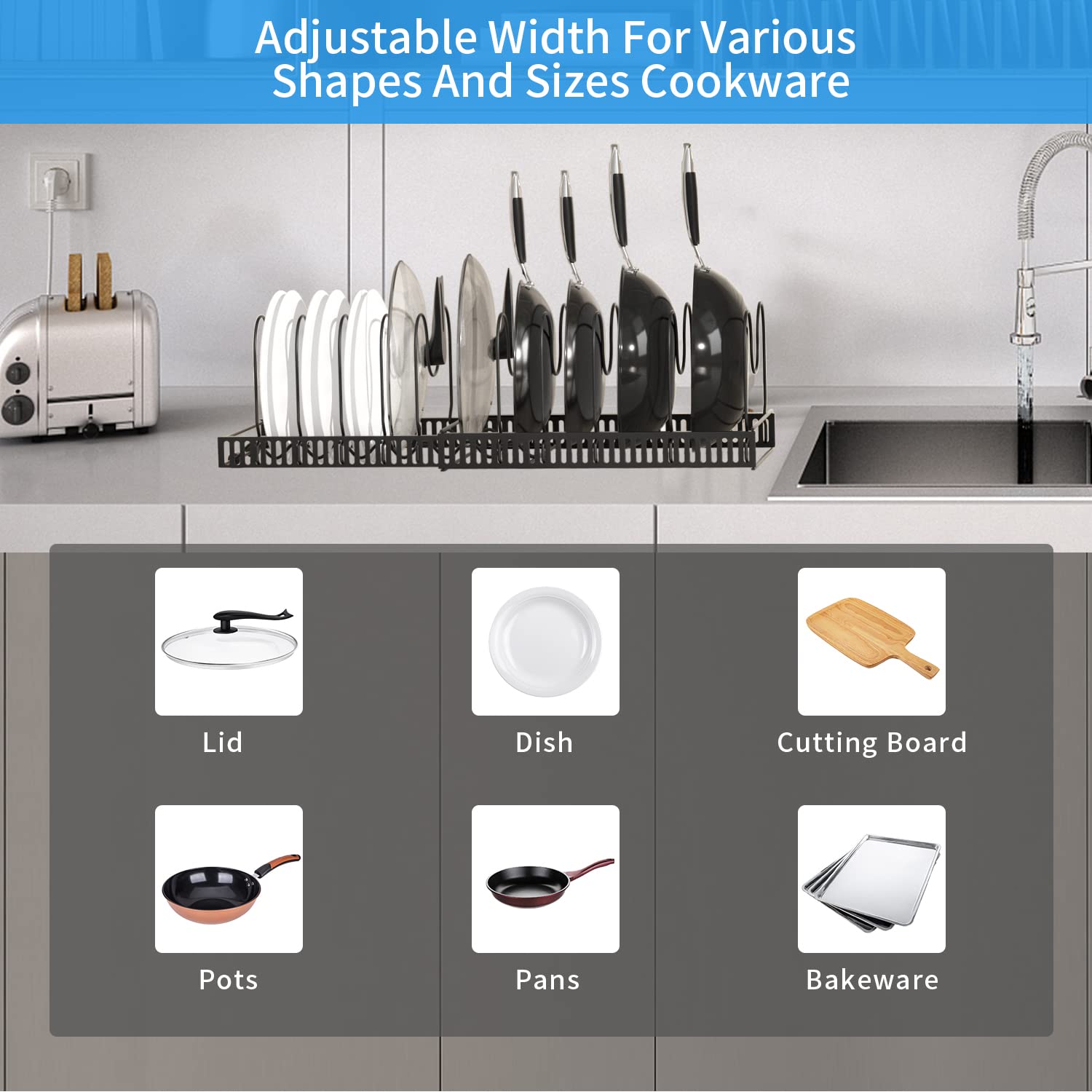 Pot Rack Organizer for Under Cabinet-Expandable Pots and Pans Organizer with 10 Dividers & 2 DIY Methods,Pots Lid Organizer Holder for Kitchen Cookware,Cookie Sheet Organizer Rack for Cabinet