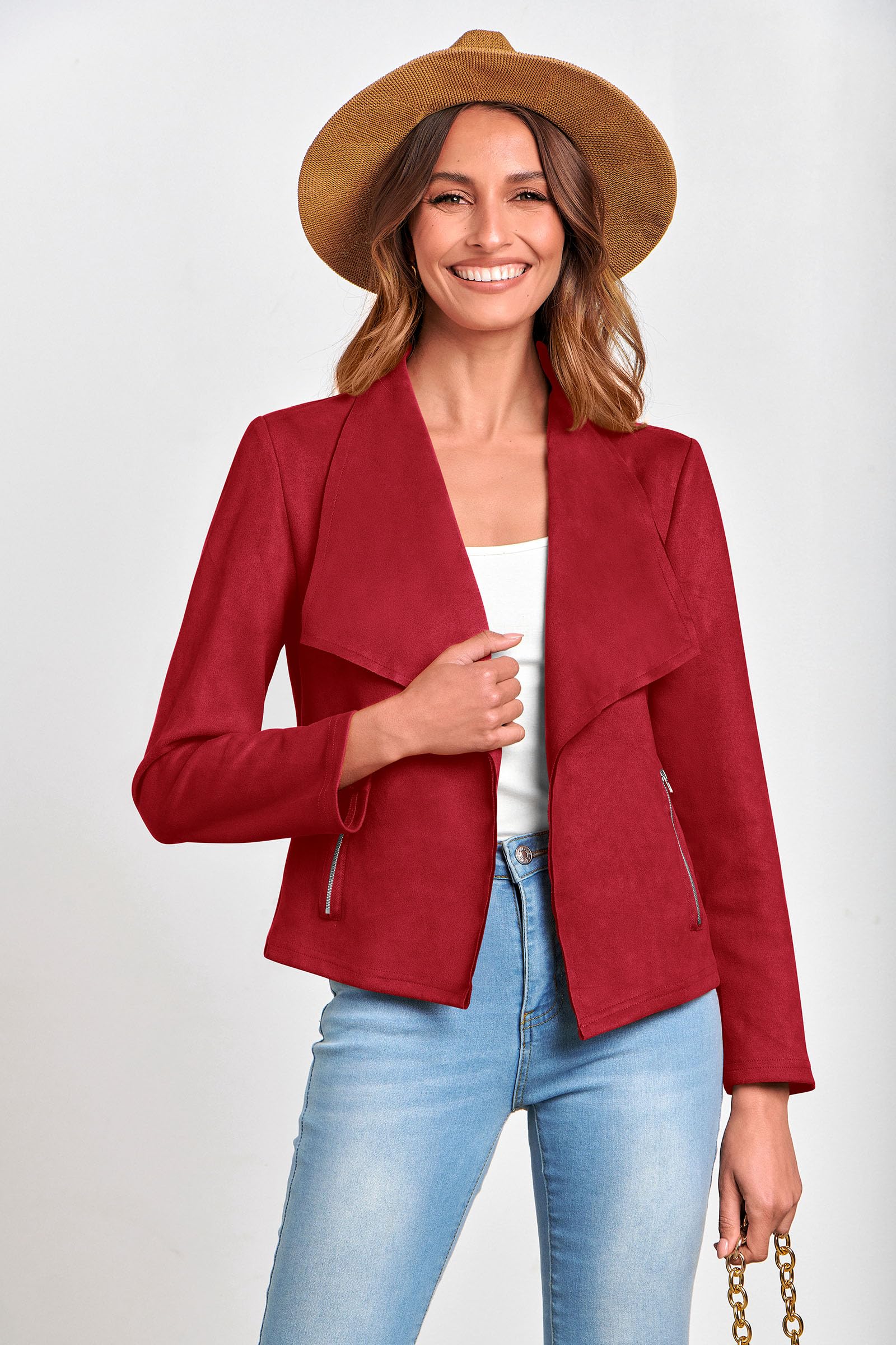 PRETTYGARDEN Women's Faux Suede Jackets 2025 Spring Fall Clothes Long Sleeve Open Front Cropped Coat Outwear (Red,Large)