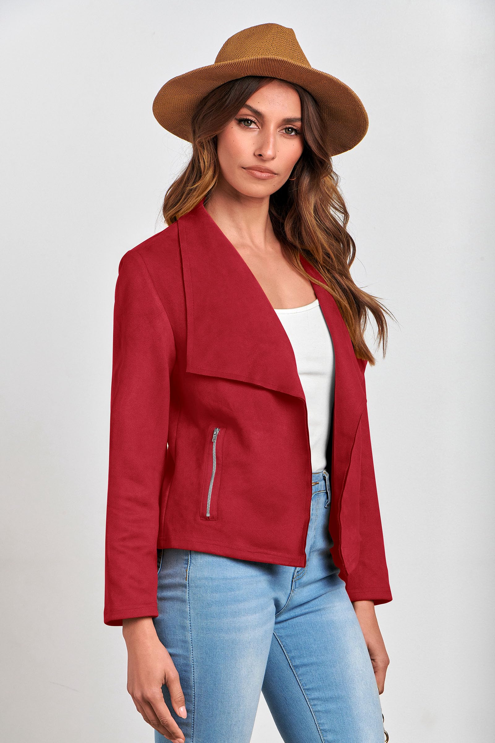 PRETTYGARDEN Women's Faux Suede Jackets 2025 Spring Fall Clothes Long Sleeve Open Front Cropped Coat Outwear (Red,Large)