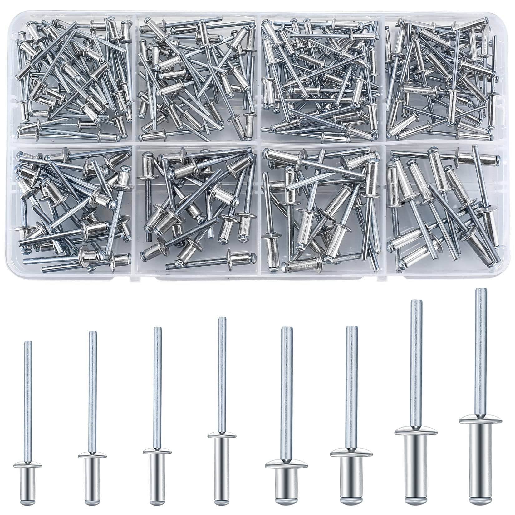 200 Pcs Pop Rivets Assortment Kit, Assorted Aluminum Blind Rivets, Metal Flange Blind Rivets for Metal, 1/8"x1/4", 1/8"x5/16", 1/8"x3/8", 1/8"x1/2", 3/16"x1/4", 3/16"x5/16", 3/16"x1/2", 3/16"x5/8"