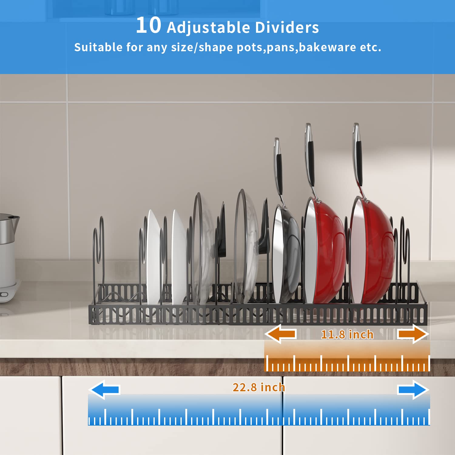 Pot Rack Organizer for Under Cabinet-Expandable Pots and Pans Organizer with 10 Dividers & 2 DIY Methods,Pots Lid Organizer Holder for Kitchen Cookware,Cookie Sheet Organizer Rack for Cabinet