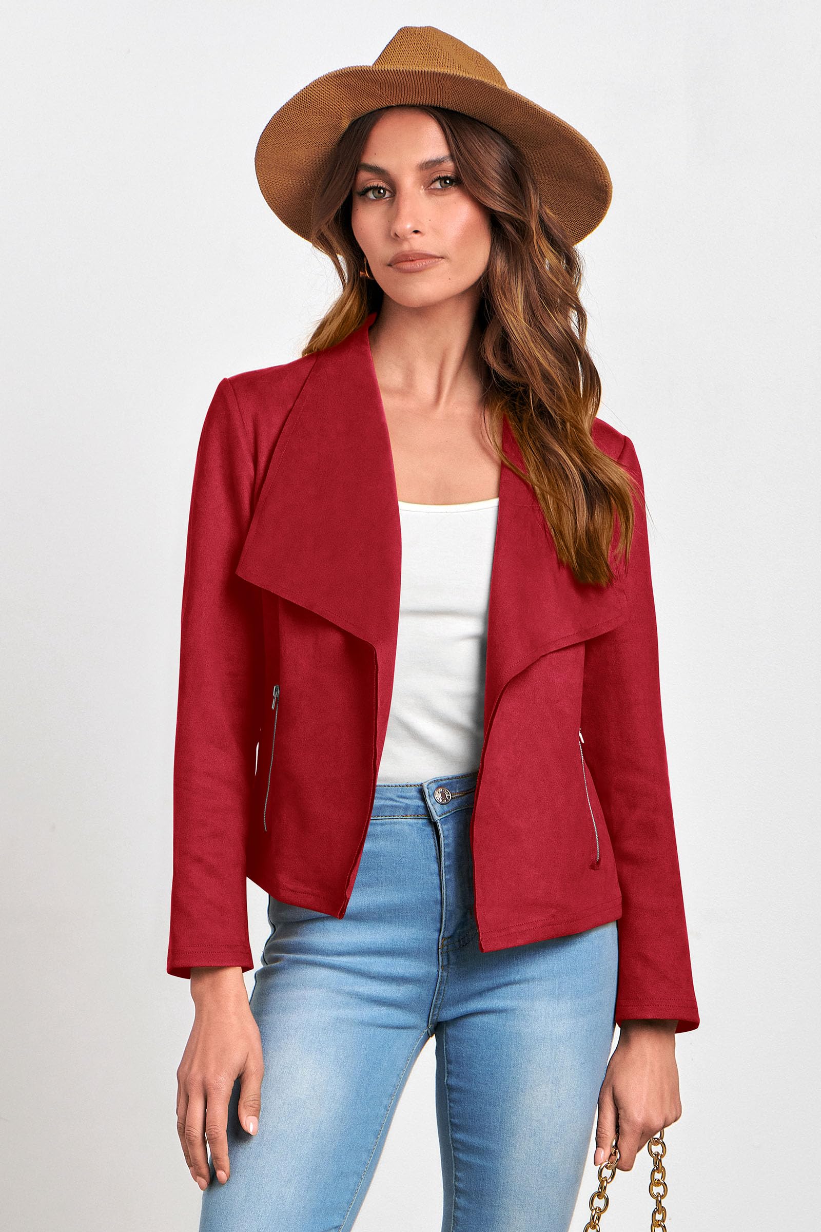 PRETTYGARDEN Women's Faux Suede Jackets 2025 Spring Fall Clothes Long Sleeve Open Front Cropped Coat Outwear (Red,Large)