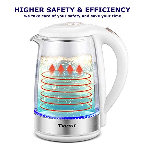 Topwit Electric Kettle Glass Electric Tea Kettle, 2L BPA-Free Hot Water kettle, Stainless Steel Inner Lid and Bottom Water Warmer, Fast Heating with Auto Shut-Off and Boil Dry Protection, White