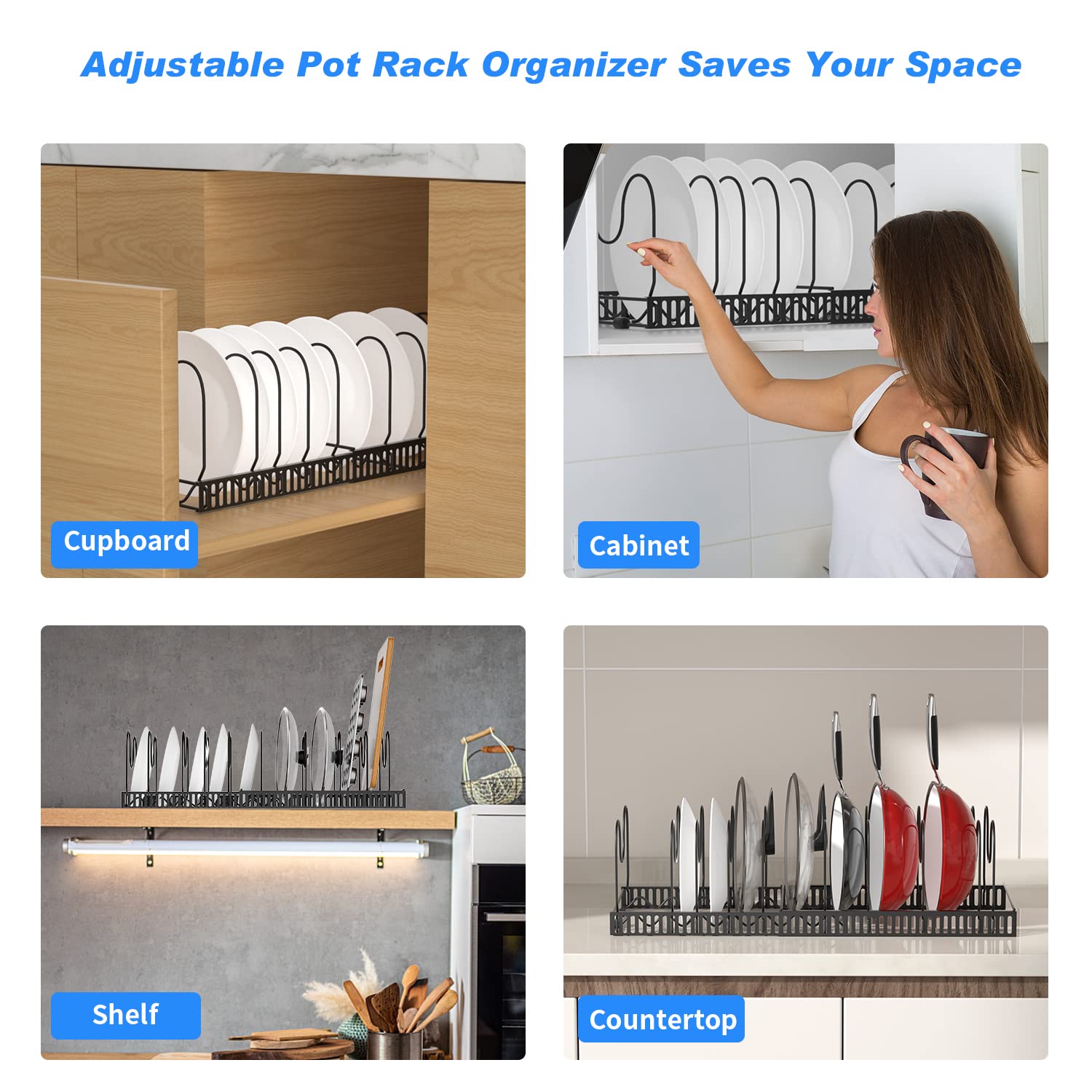 Pot Rack Organizer for Under Cabinet-Expandable Pots and Pans Organizer with 10 Dividers & 2 DIY Methods,Pots Lid Organizer Holder for Kitchen Cookware,Cookie Sheet Organizer Rack for Cabinet