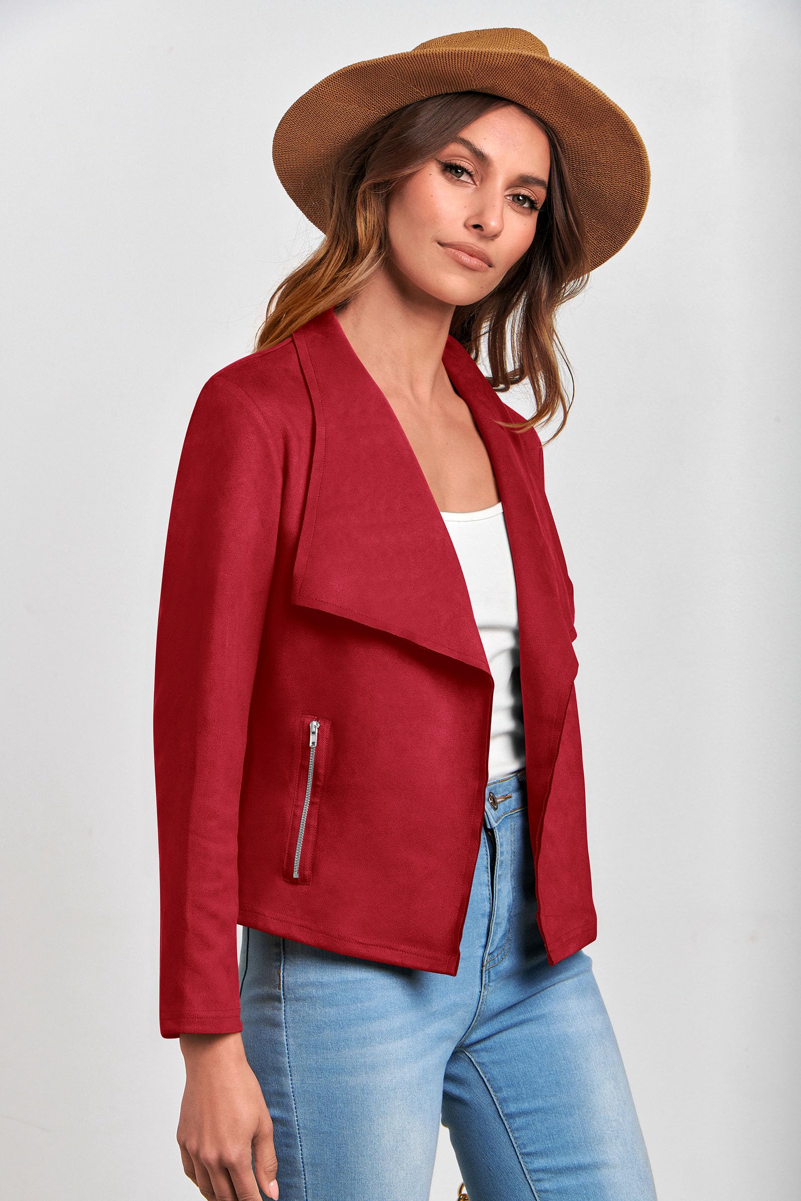 PRETTYGARDEN Women's Faux Suede Jackets 2025 Spring Fall Clothes Long Sleeve Open Front Cropped Coat Outwear (Red,Large)