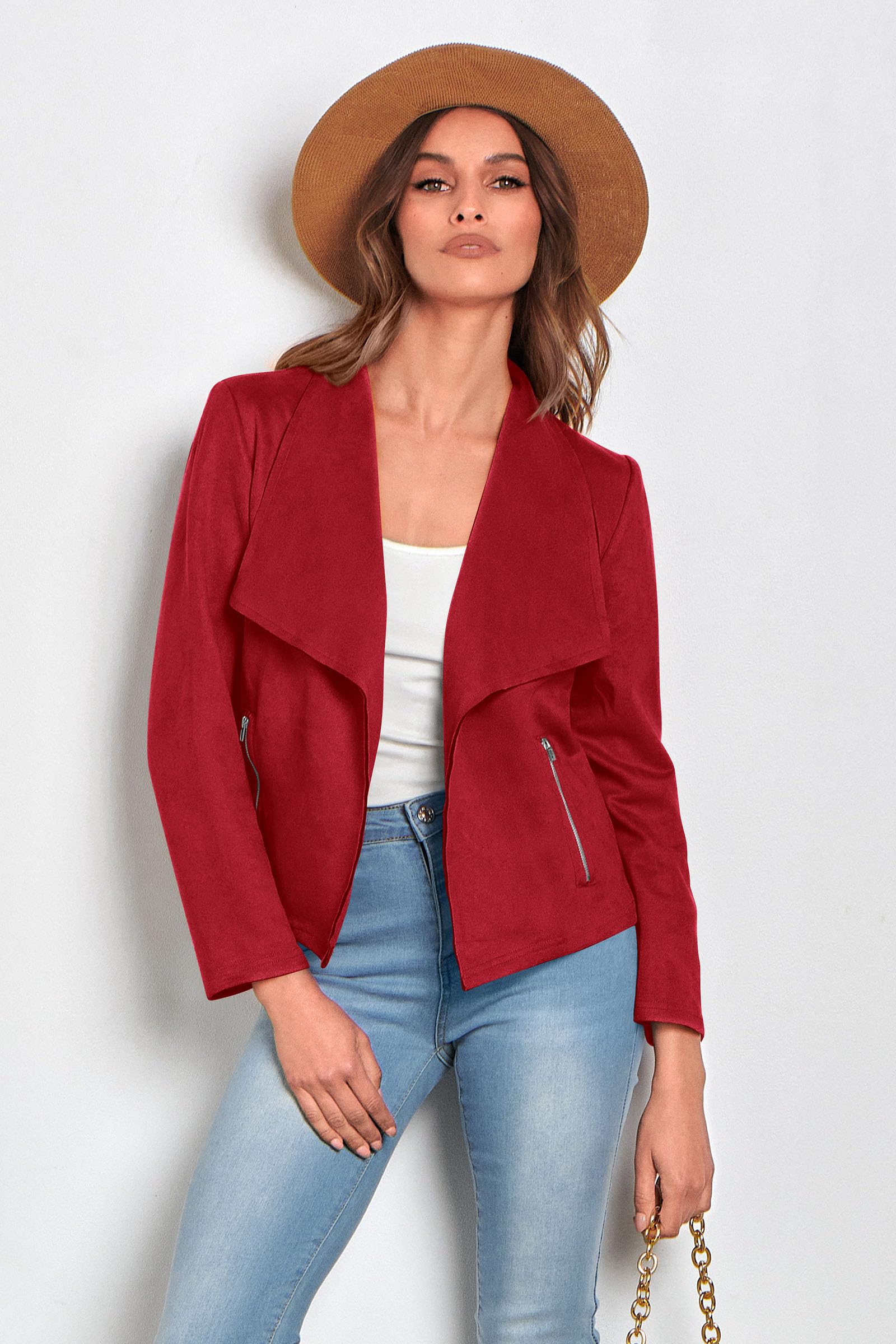 PRETTYGARDEN Women's Faux Suede Jackets 2025 Spring Fall Clothes Long Sleeve Open Front Cropped Coat Outwear (Red,Large)