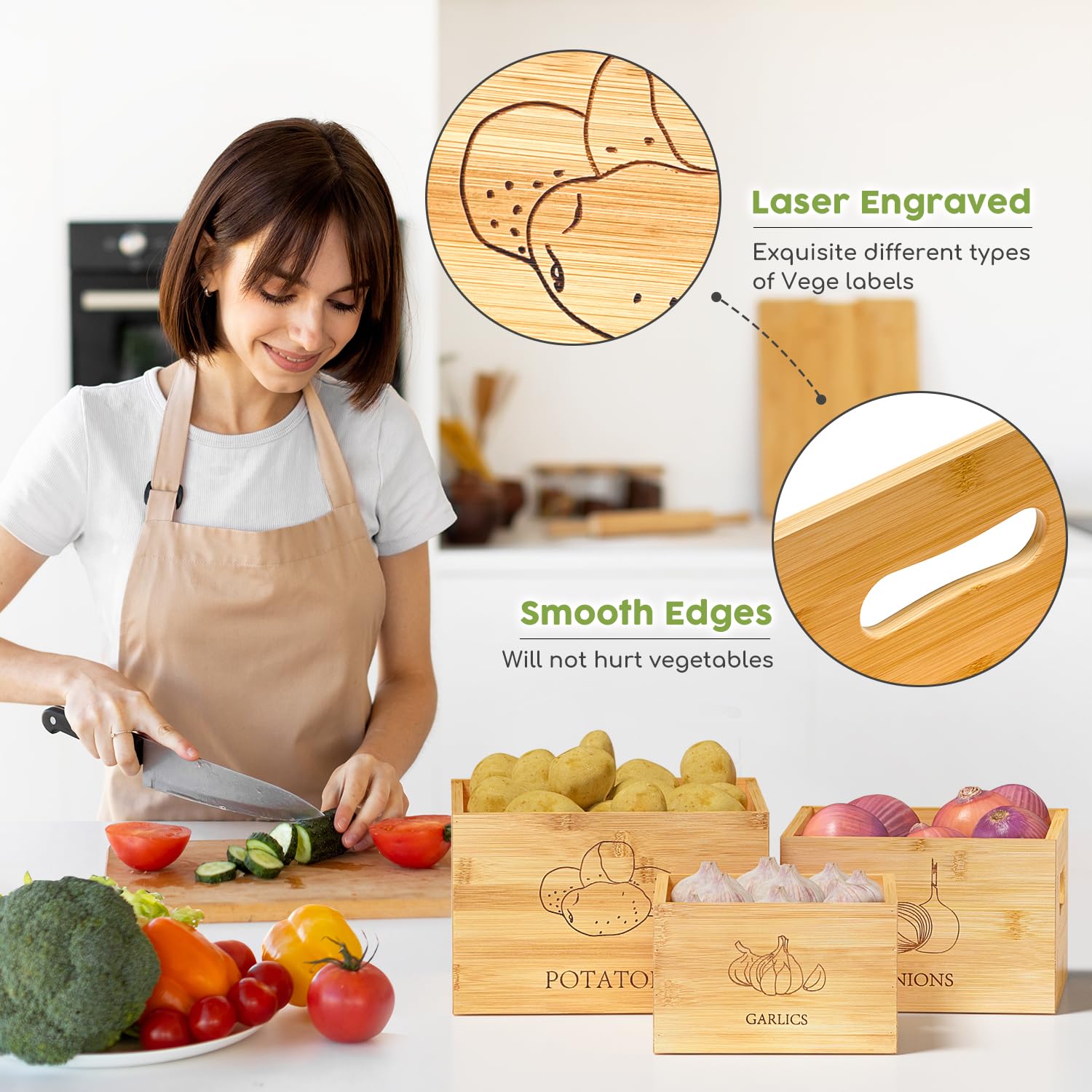 DALSHABET Potato and Onion Storage Bins, Premium Pantry Organizers and Storage, Bamboo Vegetable Garlic Keeper Solutions for an Organized Kitchen Beige