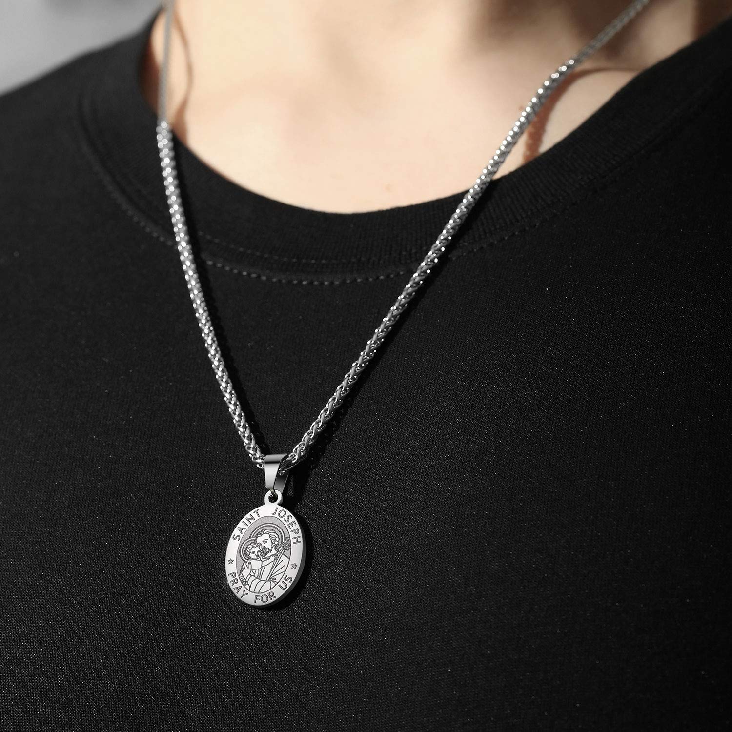 P. BLAKE Stainless Steel St. Saint Joseph Medal Necklace Catholic Saint Joseph Pray for Us Pendant with Chain