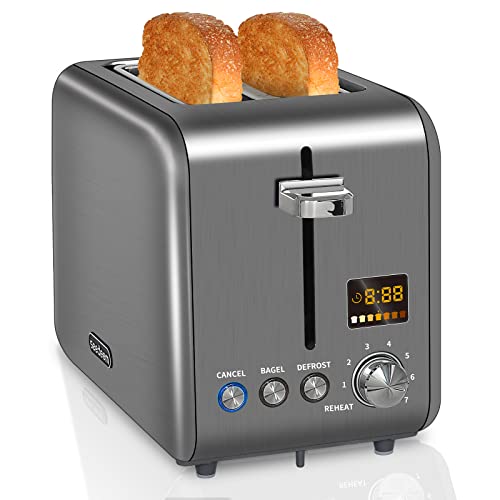 SEEDEEM Toaster 2 Slice, Stainless Steel Bread Toaster with Colorful LCD Display, 7 Bread Shade Settings, 1.4'' Wide Slots Toaster with Bagel/Defrost/Reheat Functions, Removable Crumb Tray, 900W, Dark Metallic