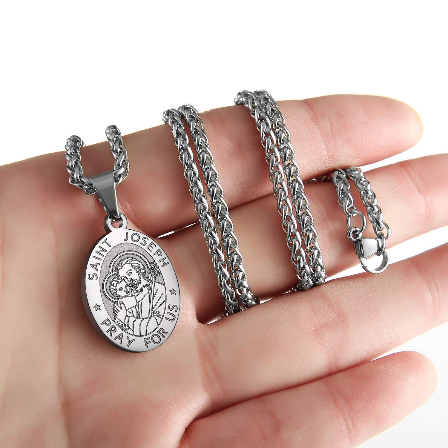 P. BLAKE Stainless Steel St. Saint Joseph Medal Necklace Catholic Saint Joseph Pray for Us Pendant with Chain