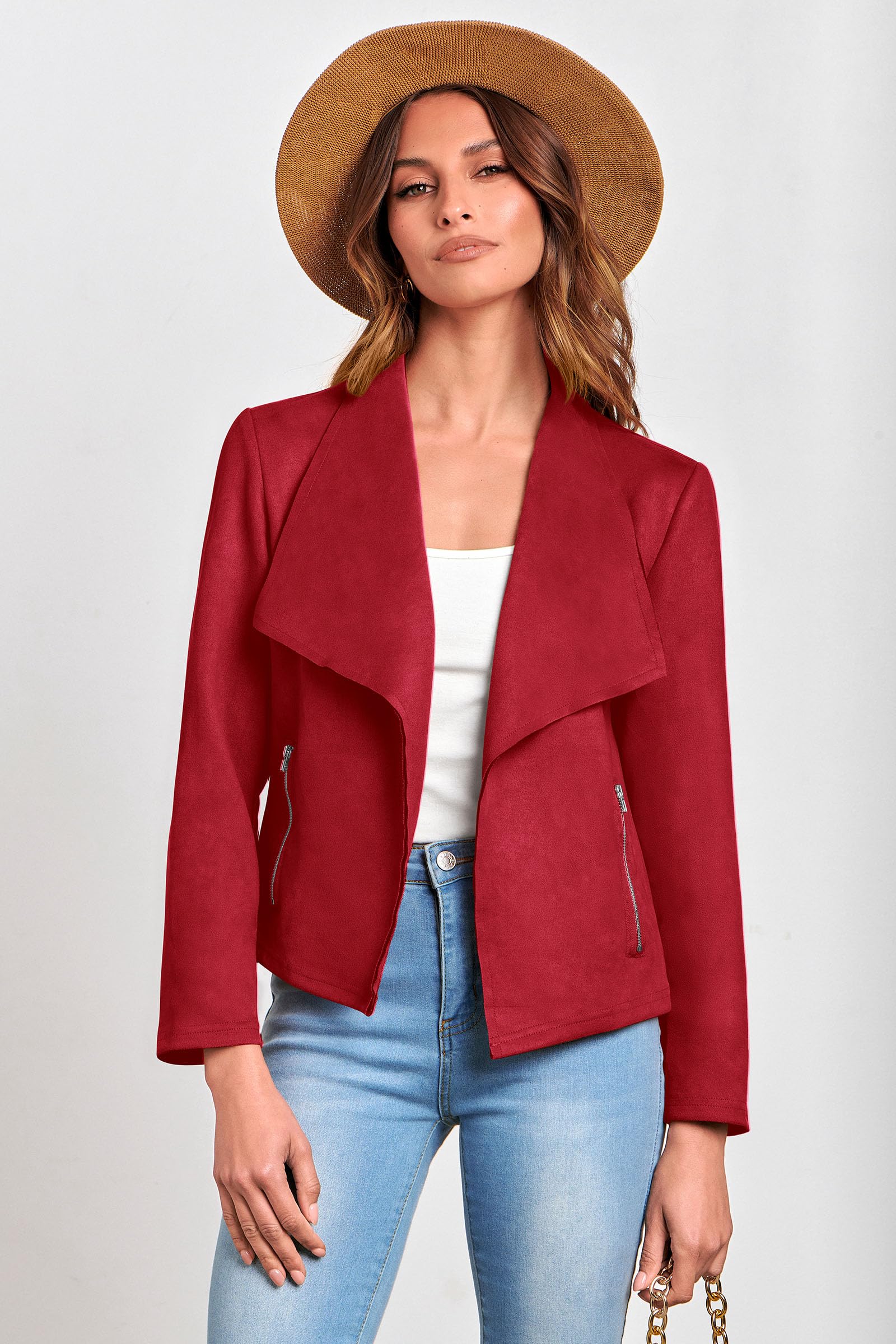 PRETTYGARDEN Women's Faux Suede Jackets 2025 Spring Fall Clothes Long Sleeve Open Front Cropped Coat Outwear (Red,Large)