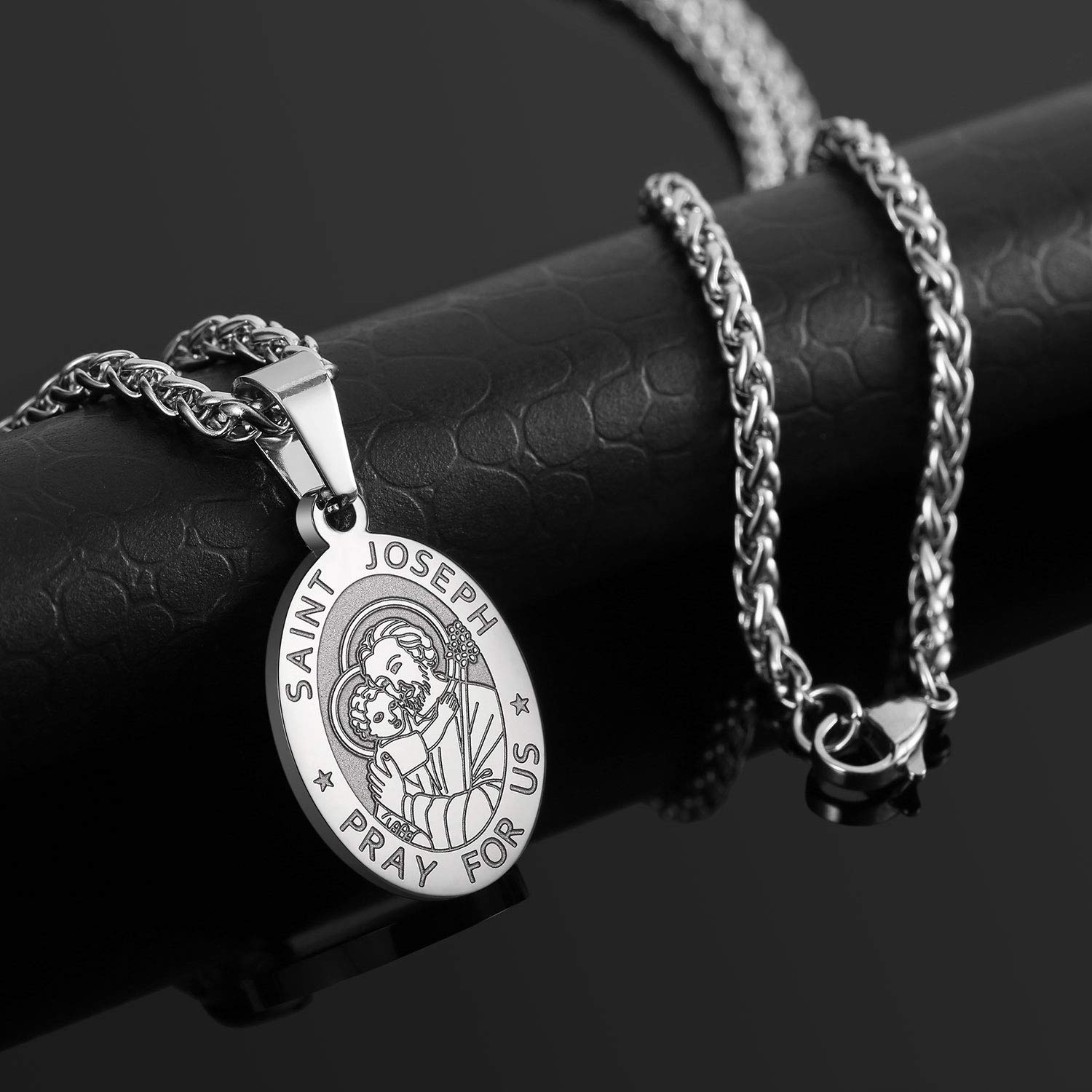 P. BLAKE Stainless Steel St. Saint Joseph Medal Necklace Catholic Saint Joseph Pray for Us Pendant with Chain