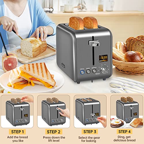 SEEDEEM Toaster 2 Slice, Stainless Steel Bread Toaster with Colorful LCD Display, 7 Bread Shade Settings, 1.4'' Wide Slots Toaster with Bagel/Defrost/Reheat Functions, Removable Crumb Tray, 900W, Dark Metallic