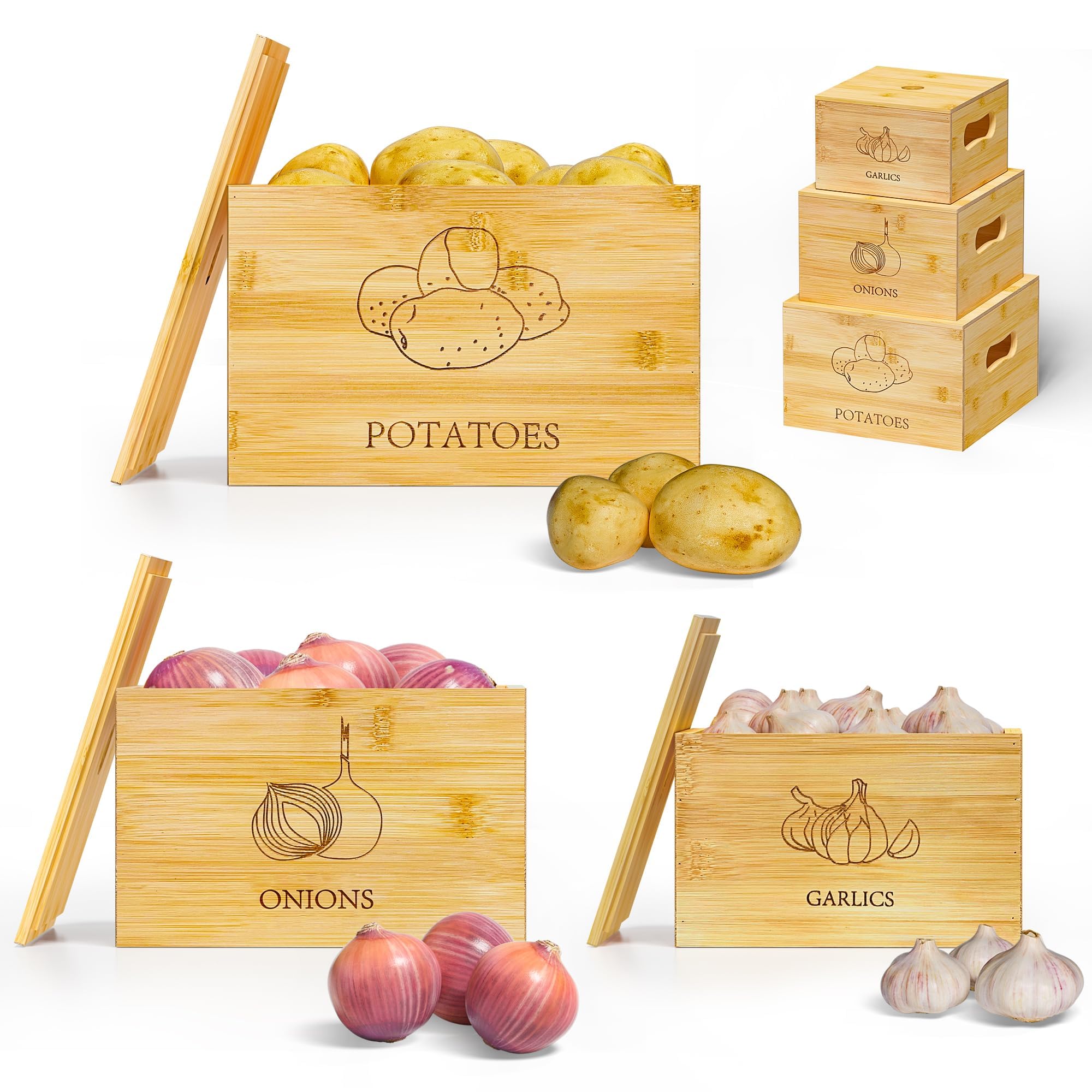 DALSHABET Potato and Onion Storage Bins, Premium Pantry Organizers and Storage, Bamboo Vegetable Garlic Keeper Solutions for an Organized Kitchen Beige
