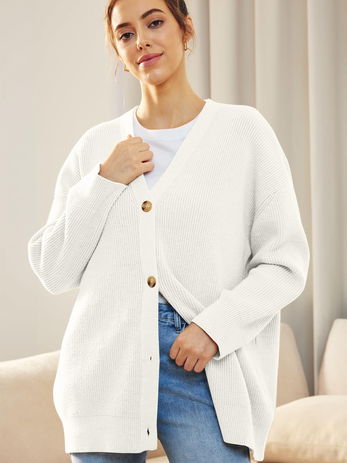 EFAN Womens White Cardigan Sweaters 2025 Trendy Oversized Sweater Long Cardigans V Neck Lightweight Knit Clothes Outfits